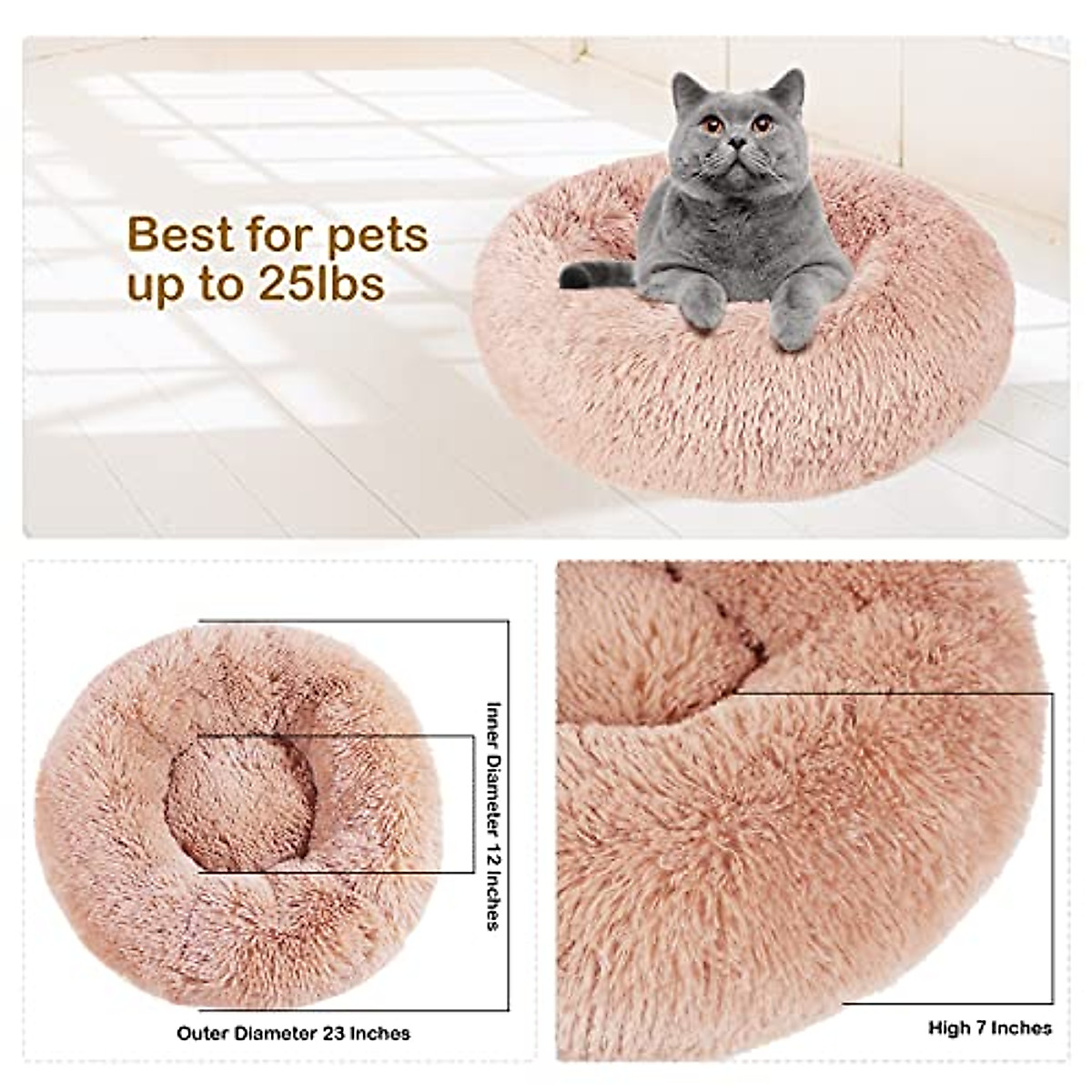 CAPSCEOLL Warm and Calming Dog Bed Washable Dog Bed Round Donut Dog Bed Soft Fluffy 23 Inches Anti-Anxiety Bed for Small Medium Dogs and Cats,Skin Pink