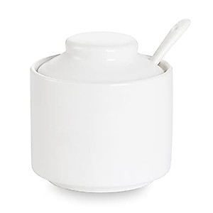 ONTUBE Ceramic Sugar Bowl with Lid and Spoon,Porcelain Seasoning Box Salt Bowl,8oz White