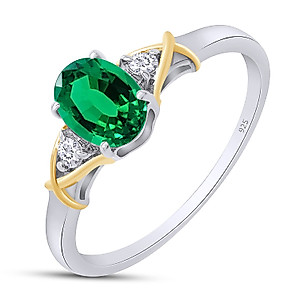 SAVEARTH DIAMONDS 2 Tone 14K Yellow Gold Plated 925 Sterling Silver Oval Shape Green Nano Emerald and Round Shape Lab Grown Diamond Women Ring (0.85 Cttw) Ring Size - 7