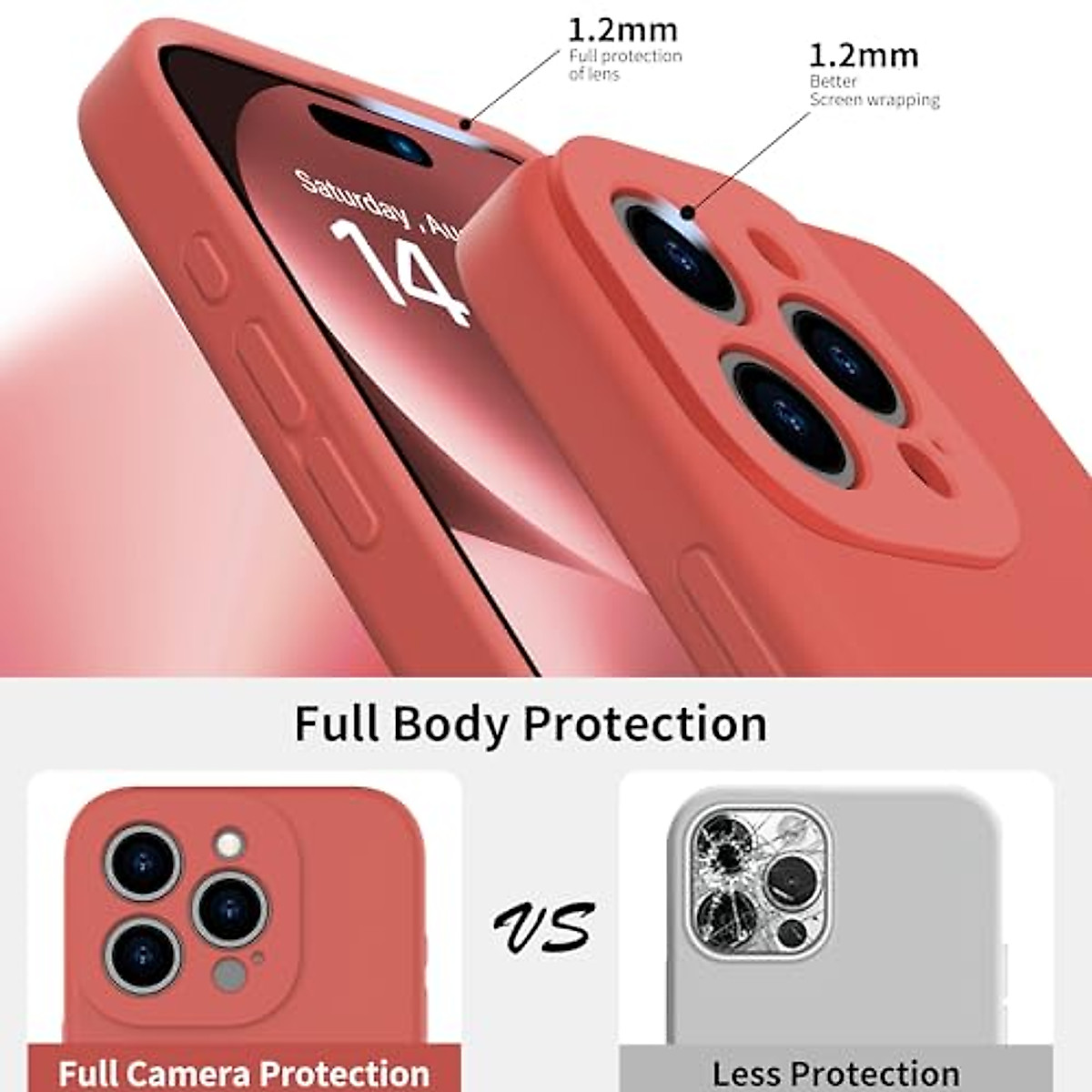 bicol for iPhone 15 Pro Case with Screen Protector,Enhanced Camera Lens Protection,Soft Liquid Silicone Slim Fit Protective Phone Cover 6.1" Coral