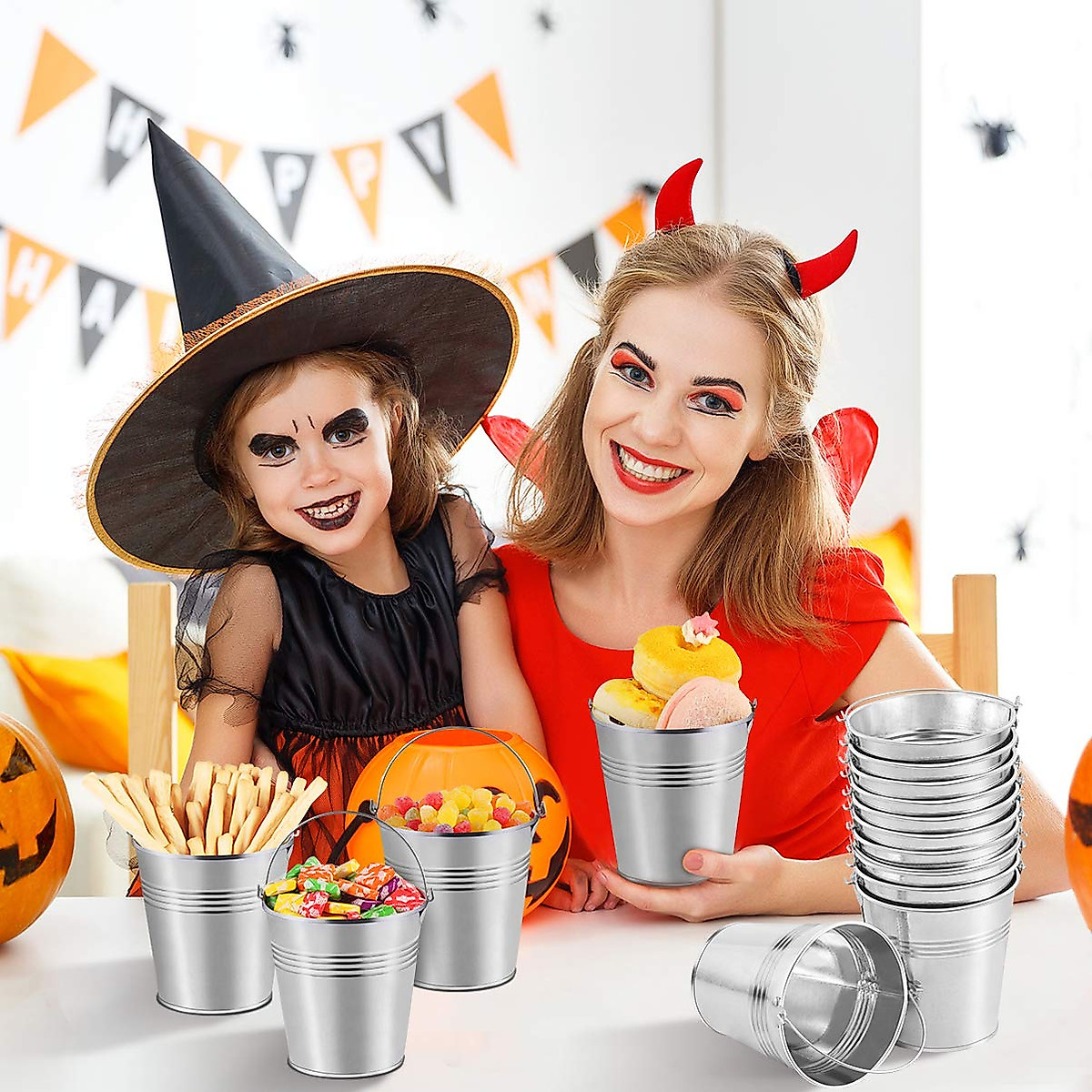 Toyvian Metal Buckets Mini Tinplate Bucket,4 Inch Metallic Pails with Handle for Party Favors, Candy, Votive Candles, Trinkets, Small Plants,12 Pieces