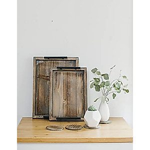 Decorative Ottoman Serving Tray Wooden Rustic (Set of 2) | Black Sleek Metal Handles | 4 Matching Coasters | Coffee Table Decor | Serving Kitchen Platter | Summit Living | For All Occasions