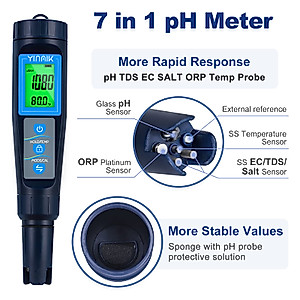 YINMIK pH Salt ORP Tester, Digital pH Meter for Aquarium, 7 in 1 pH TDS EC Salt ORP S.G Temp Pool Salt Tester for Spa,Hot Tub,Home Brewing,pH ppm EC Meter for Hydroponics,ORP Meter for Drinking Water