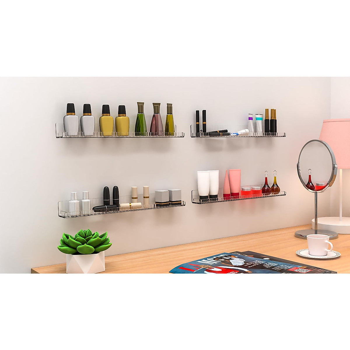 Cq acrylic Clear Floating Bookshelf for Kids Room,15" Invisible Wall Mounted Hanging Book Shelves, U Modern Picture Ledge Display Toy Storage Vinyl Record Wall Shelf,Pack of 6