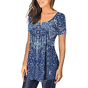 Plus Size Womens Tunic Tops To Wear With Leggings Summer Short Sleeve Henley Shirts Casual Ruffles Button Up Blouses Blue Print 2XL