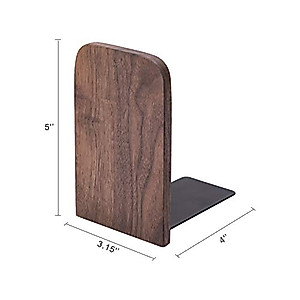 Vintage Wooden Bookends with Metal Base 2 Pcs Heavy Duty Black Walnut Book Stand with Anti-Skid Dots for Office Desktop or Shelves