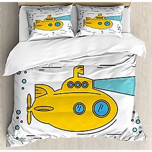 Ambesonne Yellow Submarine Duvet Cover Sets, Ocean Nautical Adventure Underwater Bubbles Porthole Cartoon, Bedding Set with 2 Duvet Covers 4 Pillowcases, 2 Pack Cal King Size, White Yellow Blue