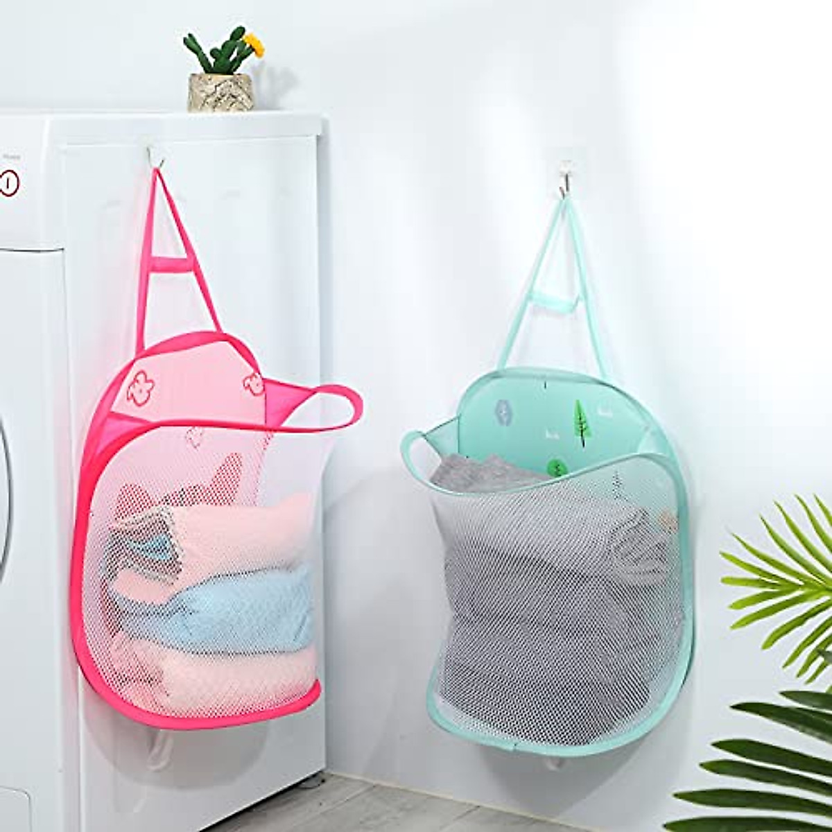 Mesh Collapsible Small Wall Laundry Baskets,plplaaoo Hanging Laundry Hamper,Pop Up Laundry Hamper with Hook,Used for Bedroom,Bathroom,Guys and Girls Dorms(Pink)