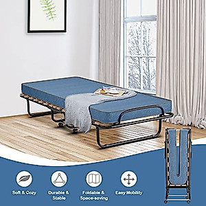 RELAX4LIFE Rollaway Folding Bed with Mattress, Guest Bed with Sturdy Steel Frame & Memory Foam Mattress, Portable Fold Up Bed with Rolling Wheels for Small Space, Office, Camping, Made in Italy (Navy)