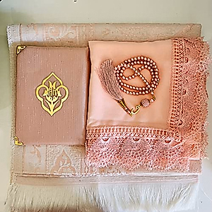 Muslim Prayer Rug, Yaseen Surah Pocket-Size Book & Prayer Beads, Perfect Islamic Gift I Mawlid Gift I Suitable for Women,Kids I Soft Islamic Rug | Islamic Ramadan Eid Gifts, (Pink)