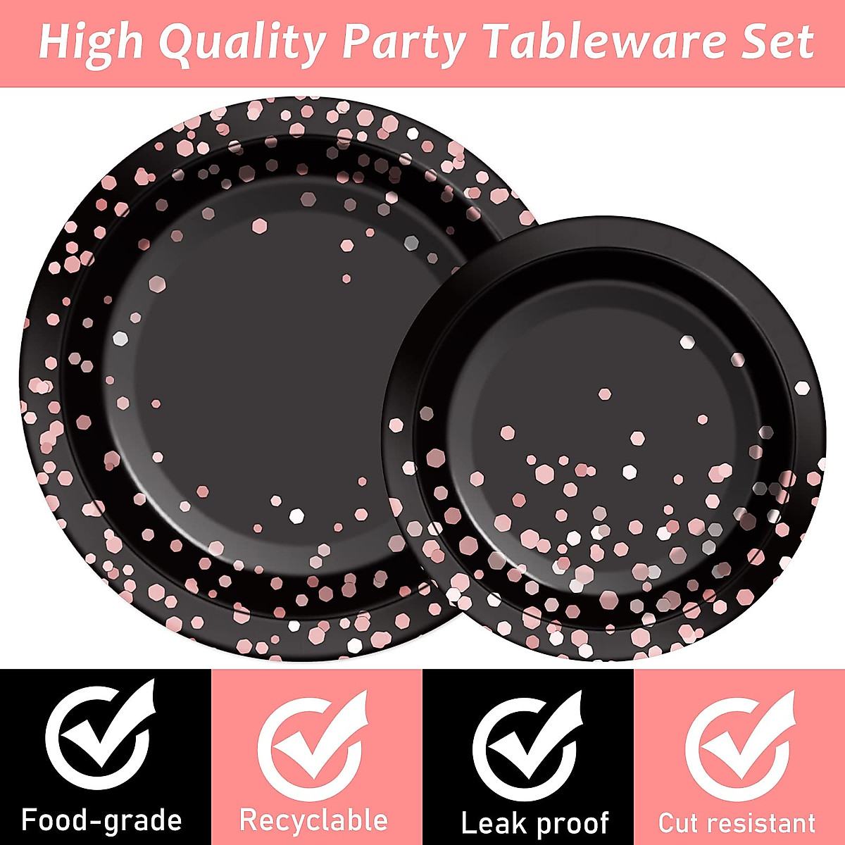 96PCS Black and Rose Gold Party Supplies Rose Gold Paper Plates Napkins Women Birthday Decorations Party Tableware Set Black Disposable Paper Plates Table Decors for Wedding Bridal Shower Serve 24