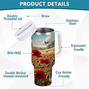 RPLIFE Poppy Flowers 40oz Tumbler with Handle, Stainless Steel Water Bottle with Straw, Tumblers for Women