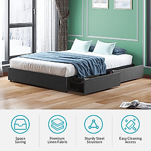 CECER Bed Frame with 4 Storage Drawers, Cotton Linen King Size Platform Bed Frame with Wood Slat Support/No Box Spring Needed/Easy Assembly/Under Bed Storage, King Size, Dark Grey