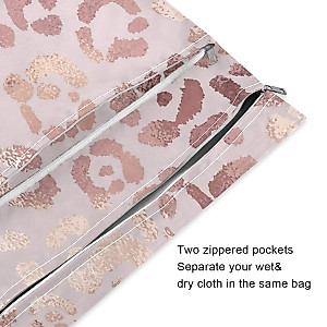 AUUXVA Wet Dry Bags Set Pastel Pink Leopard Print,Cloth Diaper Wet Bag Waterproof Reusable with Two Zippered Pockets for Travel Beach Pool Swimsuits Wet Clothes,2pcs