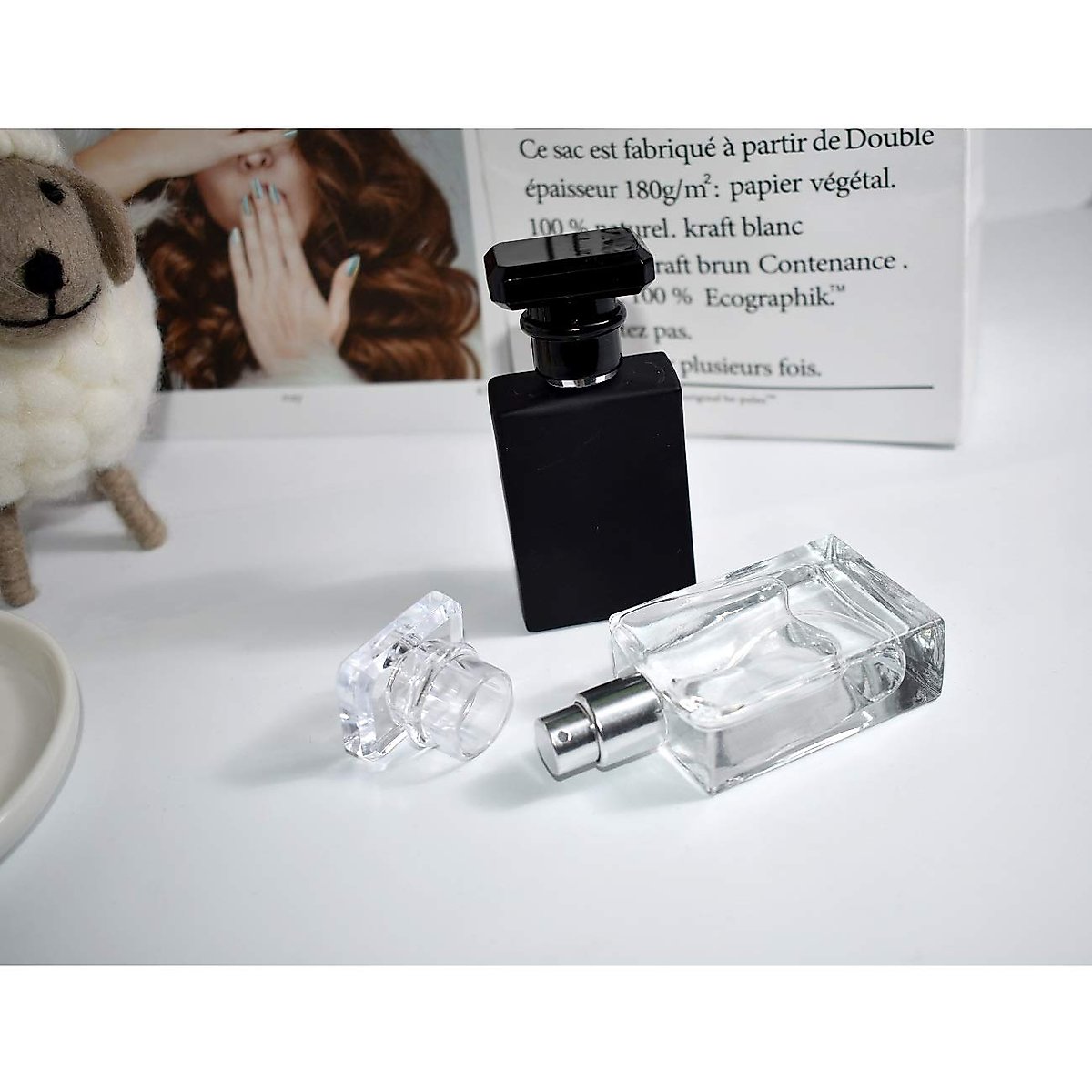 4 Pack-30ML +10ML Flint Glass Refillable Perfume Bottle, Square Portable Cologne Atomizer Empty Bottle with Spray Applicator For Travel (Transparent and Black)