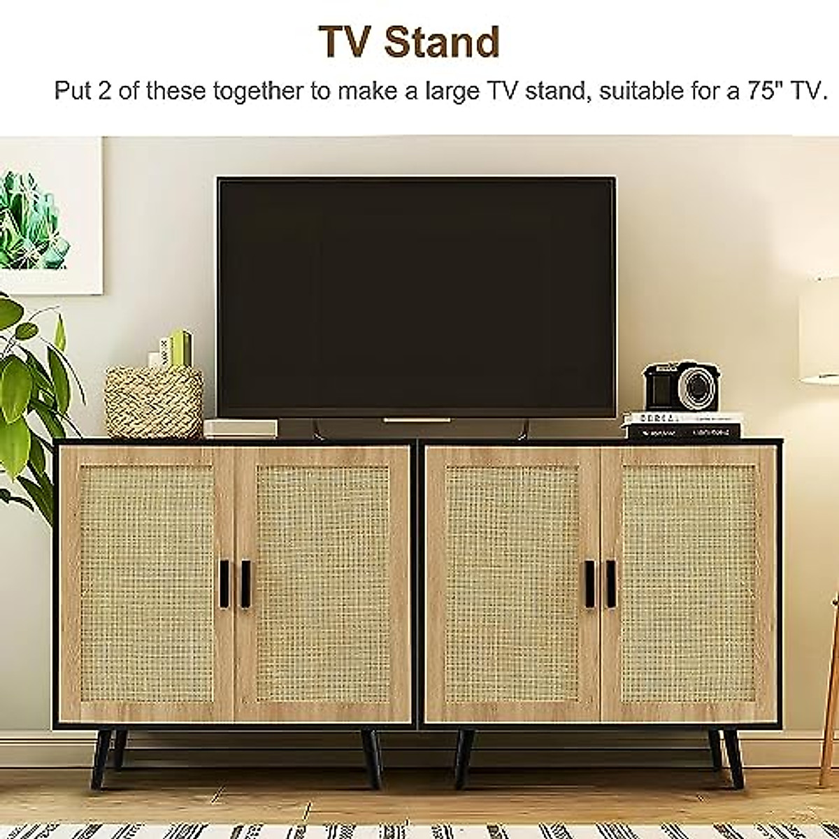 Iwell Boho Sideboard Buffet Cabinet, Kitchen Storage Cabinet with Natural Rattan Door & 2 Adjustable Shelves, Rattan Cabinet, Accent Cabinet for Living Room, Kitchen, Entryway, Black