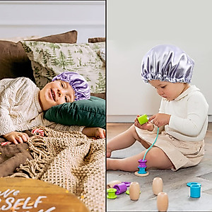 greatremy Kids Satin Bonnet Sleep Cap,Double Layer Soft Elastic Baby Satin Natural Hair Bonnets with Adjustable Drawstring for Girl Boy Infant Toddler Child Sleeping (Reversible Champagne/Purple)
