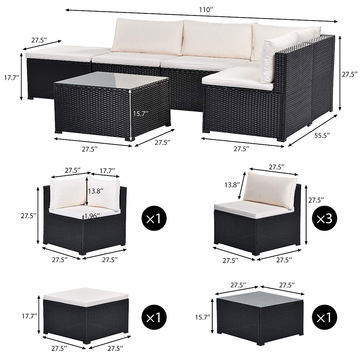 UNIROI Outdoor Furniture Sofa Set PE Rattan Black Wicker, Patio Chaise Lounge Chair with Removable Cushions and Glass Coffee Table Suitable Backyard Poolside Lawn Pool Garden Porch