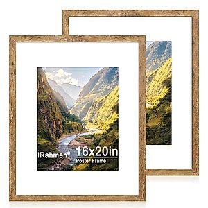 16x20 Frame Set of 2 with Plexiglass, Rustic Brown Wood Frame Display 11x14 Picture with Mat or 16 x 20 Picture Without Mat, 16x20 Poster Frame for Wall Gallery Mounting Horizontal and Vertical