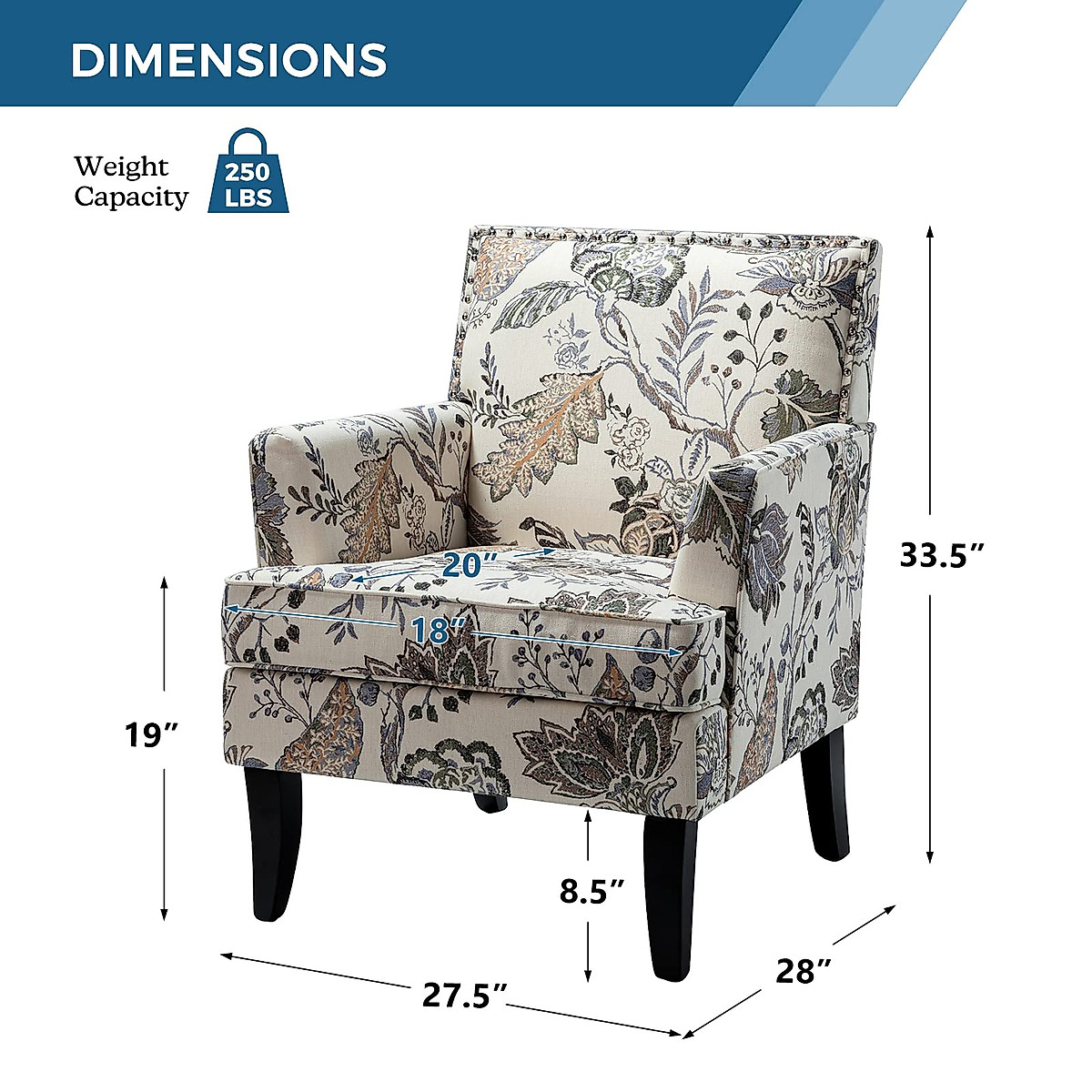 HULALA HOME Modern Accent Chair with Arms and Wooden Legs, Floral Patterned Accent Chair Armchair High Back Rest, Padded Armrest and Comfortable Cushioned Seat for Living Room (Orange Grey Floral)