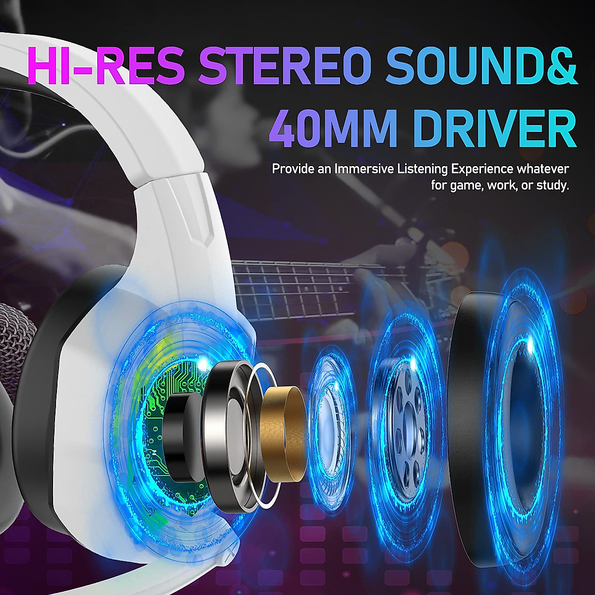 Wired Gaming Headset with Rainbow RGB Backlight Retractable Noise Isolating Microphone Stereo Sound Deep Bass Memory Foam Earmuff Over Ear Headphone for PS4 Xbox One Switch PC Mac Gamer Music (White)