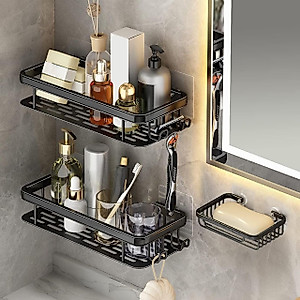 Washroom Rack 2-Pack Rustproof Shower Caddy Set with Soap Holder - Wall-Mounted No drill Large Capacity Durable Matte Black Shower Organization Basket with Hooks and meets Modern Convenience.