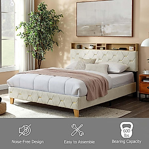 Queen Size Bed Frame with Shelf Storage & Upholstered Headboard, Upholstered Platform Bed Frame with USB Port, No Box Spring Needed, Sturdy Wood Slats for Family Bedroom Apartment (Beige, Queen)