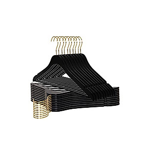 20 Luxury 16.5" Ultra Thin Space Saving Black Wooden Hangers, 360 Degree Swivel Hook, Best for Suit, Coat Hangers Shirts, Blouses, Pant, Dress Hangers Black with Gold Hook (Black, with Pant Bar, 20)