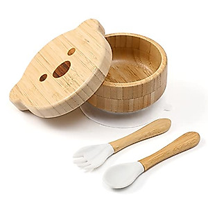 Baby Bowls with Lid - HBM Bamboo Suction Bowls for Baby and Spoon Set - 3PC Feeding Supplies Set for Infant, Toddlers - Detachable Silicone Suction Stay Put Base for Wooden Bowl - BPA Free （Marble）