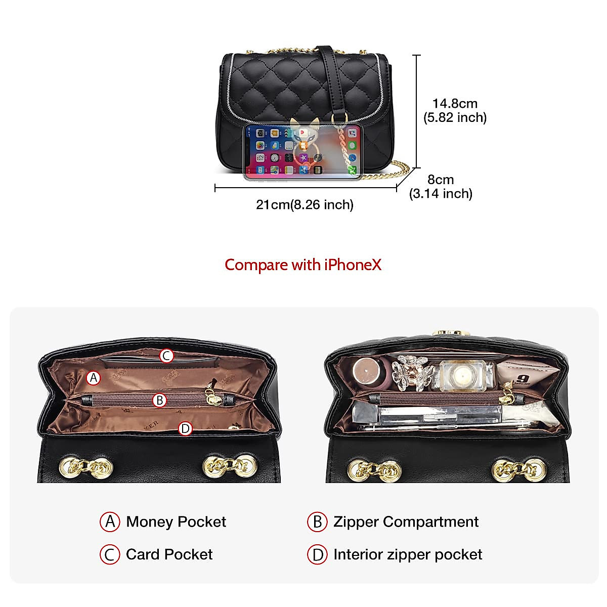 FOXER Small Crossbody Bags for Women, Split Cowhide Trendy Design Ladies Mini Cell Phone Purses with Metal Chain Strap Women's Quilted Shoulder Bags Girls Fashion Cross Body Purses (Black)