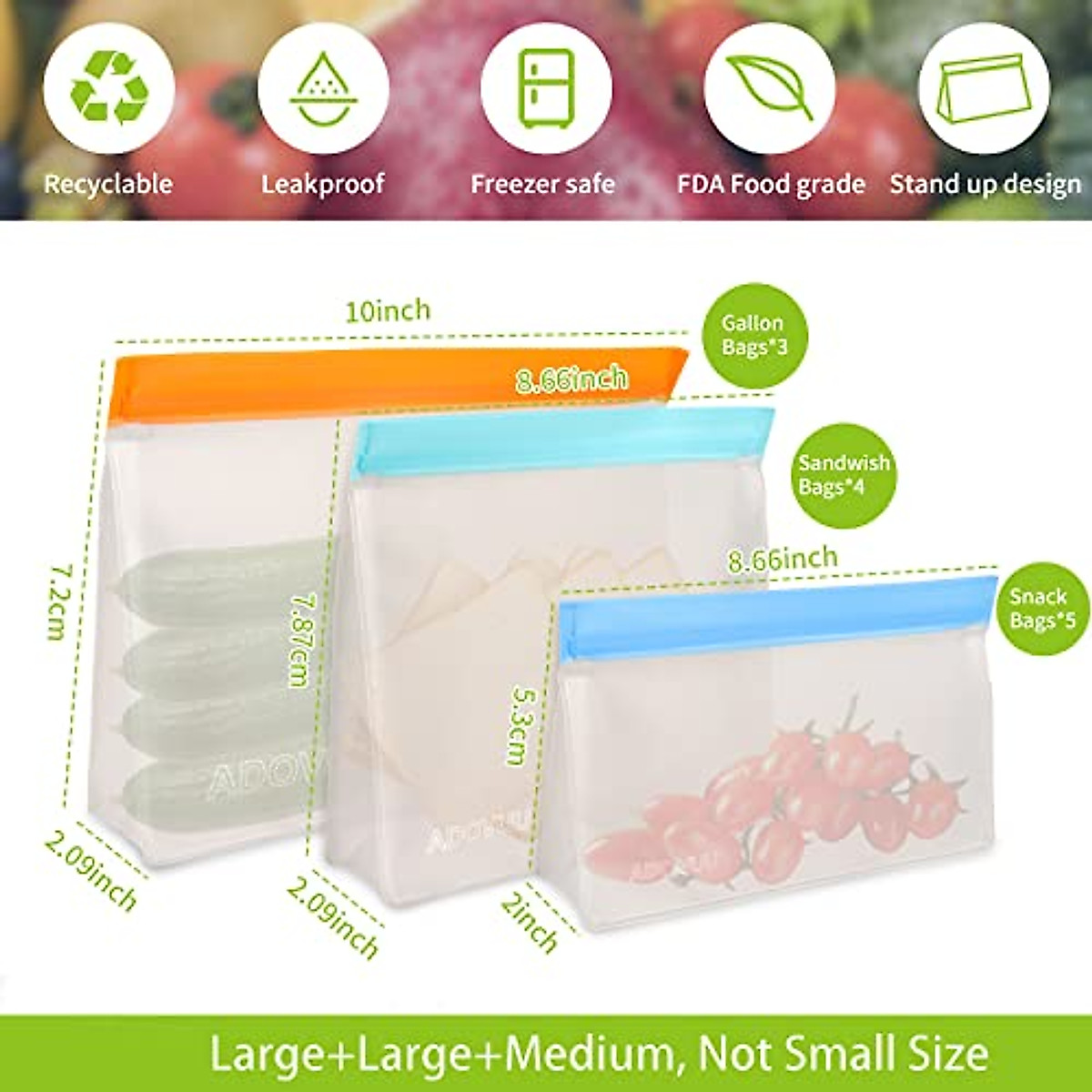 Reusable Food Storage Bags Stand Up, 12 Pack BPA Free Freezer Bags (3 Large Reusable Gallon bags+4 Leak-proof Reusable Sandwich Bags+ 5 Food Grade Reusable Snack Bags Silicone Lunch bags for Marinate Food Fruit Travel Home Organization