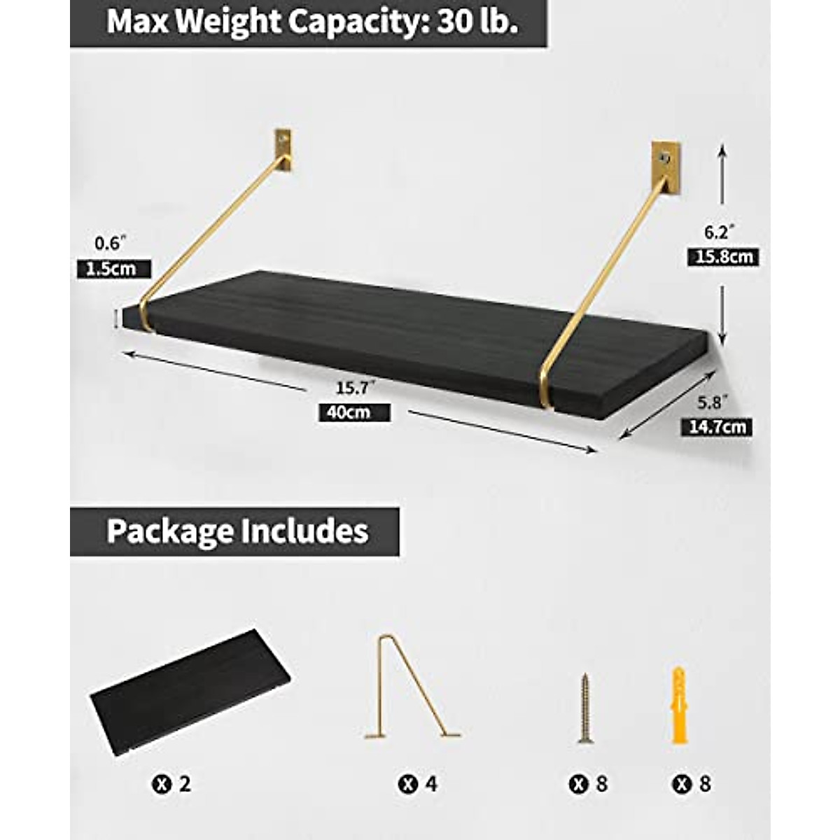 Gronda Black Floating Shelves Set of 2, Black Gold Wall Shelves Minimalist Modern Wall Decor Wooden Bookshelves Trophy Display Storage Plants Floating Shelves Wall Mount Living Room Bedroom Bathroom