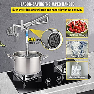 VEVOR Pot Filler Faucet, Solid Brass Commercial Wall Mount Kitchen Stove Faucet with Gold Brushed Finish, Folding Restaurant Sink Faucet with Double Joint Swing Arm & 2 Handles