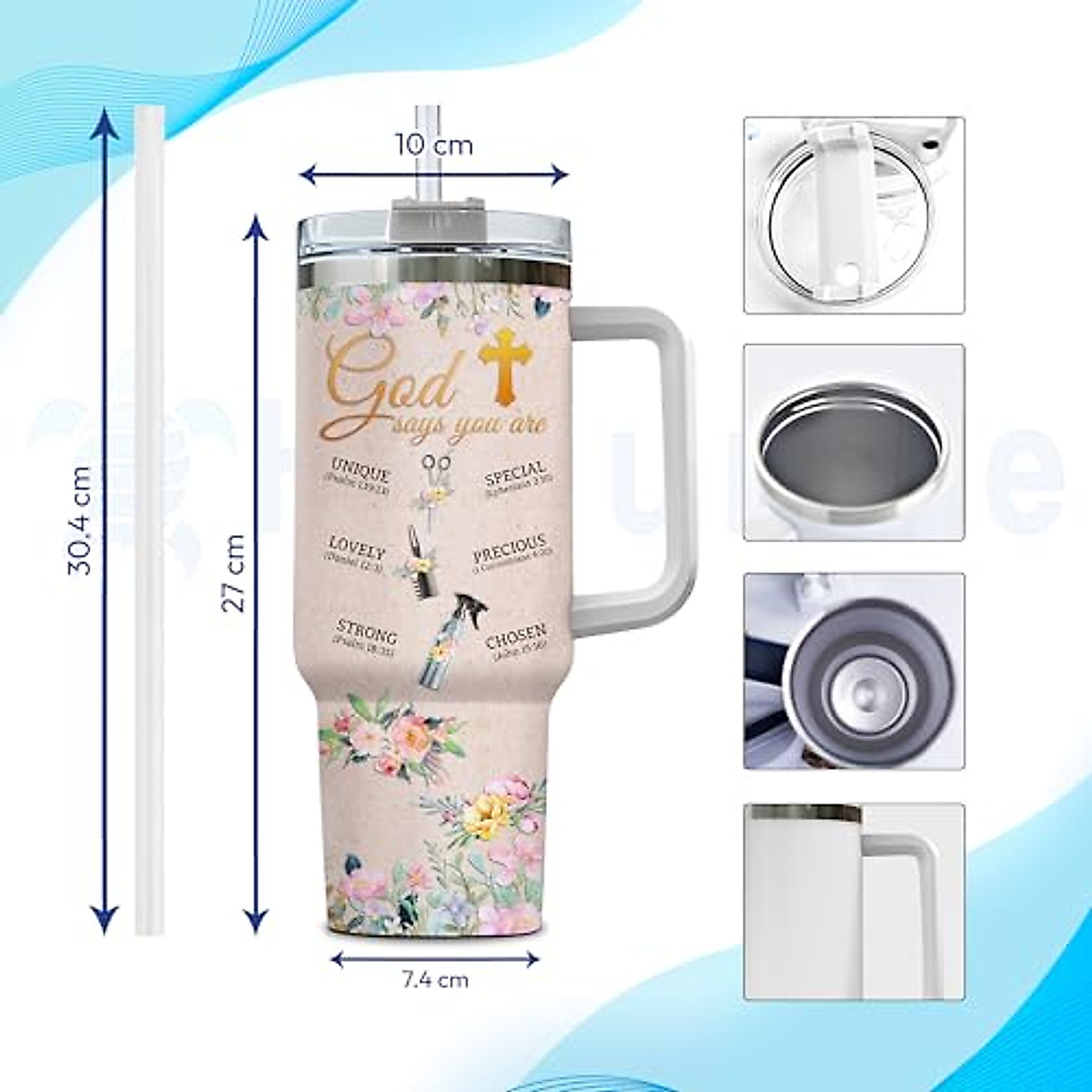 Hyturtle Personalized HairStylist Tumbler Gift For HairStylists Christian God Says You Are Cup With Name 40oz Tumbler with Handle&Straw Lid Hairdressing Hairdresser Coffee Cup Flower Print Cosmetology