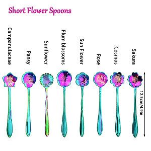 8 Pieces Rainbow Flower Spoon Coffee Teaspoon Set, LEEFONE Stainless Steel Reusable Tea Spoon Sugar Spoon Ice Tea Spoon Stirring Spoon Dessert Cake Spoon, 8 Different Patterns