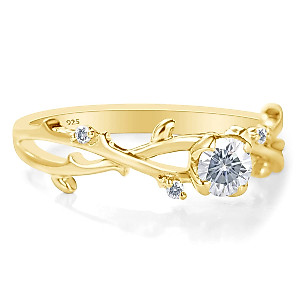 SAVEARTH DIAMONDS Twisted Leaf Design, 1/2 Carat Center Round Cut Moissanite Lab Created Diamond Solitaire Engagement Promise Ring In 14k Yellow Gold Over Sterling Silver (0.55 Cttw) Size-8