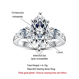 AnuClub Moissanite Engagement Ring, 3ct Marquise Center Stone and 0.5ct Pear Side Stones, D Color Lab Created Diamond, Gemstone, Moissanite