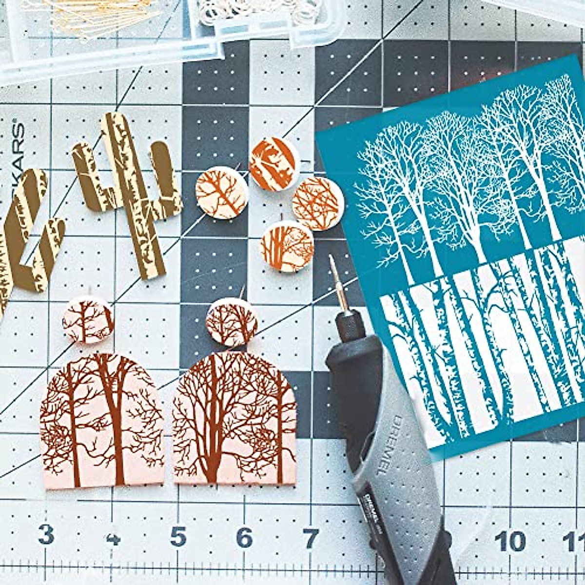 OLYCRAFT 4x5 Inch Clay Stencils Birch Tree Pattern Silk Screen Printing Stencils Forest Mesh Transfer Stencils Reusable Washable Mesh Stencil for Polymer Clay Jewelry Earrings Making