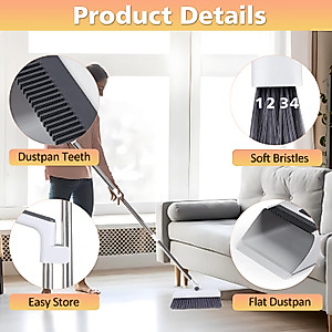 Broom with Dustpan Combo Set, Brooms for Sweeping Indoor and Outdoor 3 in 1 Long Handle Broom and Dustpan Set Push Broom Heavy-Duty for Home Cleaning Bathroom Kitchen