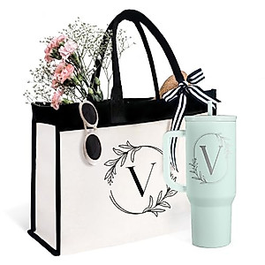 SANDJEST Stainless Steel Tumbler 40oz with Handle Initial V and Canvas Tote Bag