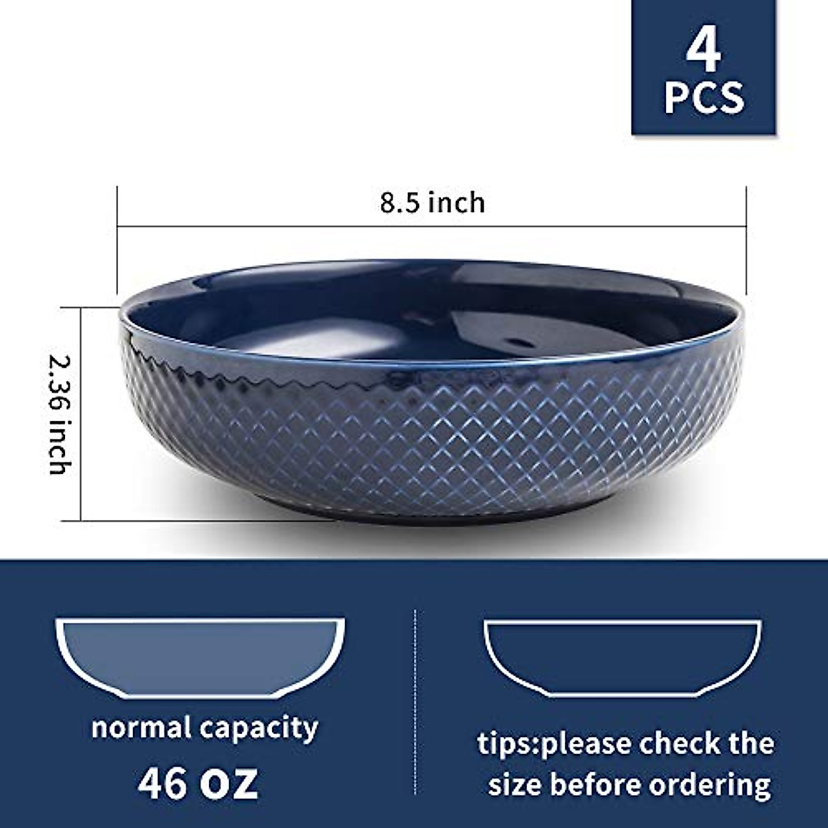 KOOV 46 OZ Pasta Bowls Set of 4, Ceramic Bowl, Large Bowl For Eating, Large Salad Bowl Set of 4, Dinner Bowls Set Microwave Safe (Aegean)