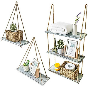 ASLINY Combo 3 Tiers Hanging Shelf and 2 Pcs Rope Shelves, Rustic White