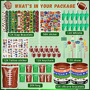 134 Pcs Football Party Favors Set 12 Silicone Bracelet 12 Whistles 12 Keychains 12 Slap Bracelet 12 Tattoo Stickers 12 Plastic Straws 12 Gift Bags 50 Football Stickers for Football Party Supplies