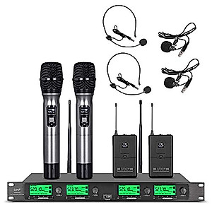 WENWEN Wireless Microphone System UHF 4 Channel 2 Handheld Mic 2 Headset 2 Lavalier Bodypack 2 Lapel Mic Pro Karaoke System Speaking Conference Wedding Party