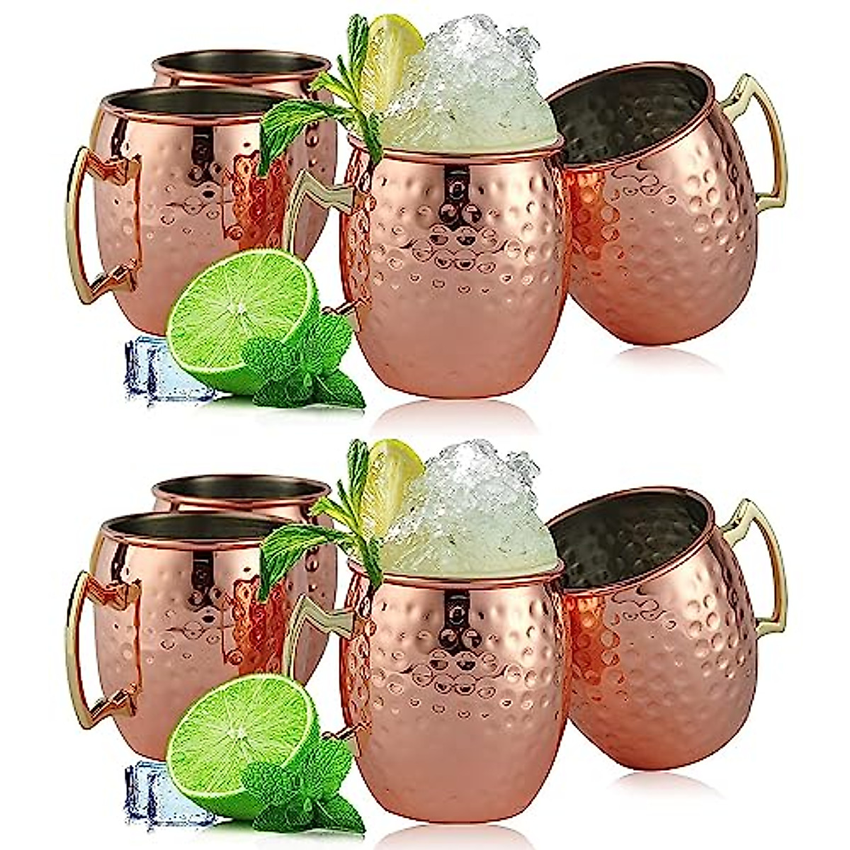 Moscow Mule Mugs Set of 8 | Large Size 19 ounces | Stainless Steel Lining Copper Hammered Cups | | Pure Copper Plating | Gold Brass Handles Gift Pack…