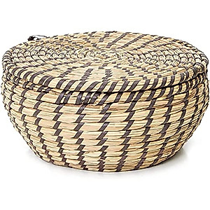 Decorative Seagrass Storage Baskets for Organizing, Round Woven Baskets in 3 Sizes with Lids (3 Piece Set)