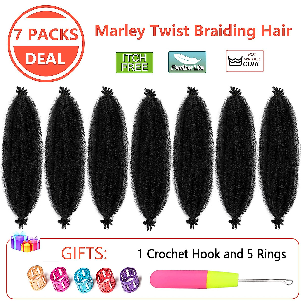 Pre-Fluffed Spring Twist Hair, Pre-Stretched Marley Twist Braiding Hair, 16 Inch 7 Packs Soft Springy Afro Braiding Hair For Black Women Crochet Hair, Twisted Up Crochet Braids(16inch,7packs,1B#)