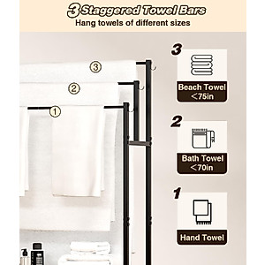 Mondazie 44” Tall Free Standing Towel Racks with 6 Hooks for Bathroom, 3 Tiers Oversized Pool Bath Towels Drying Stand, Metal Blanket Ladder Holder with Storage Shelf for Bedroom Living Room, Black