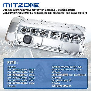 MITZONE Upgrade Aluminum Valve Cover kit Compatible with 2002-2006 BMW X5 X3 530i 525i 325i 325ci 325xi 330i 330xi 330Ci z4 Replace 11127512839