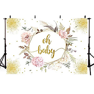 MEHOFOND Boho Pampas Baby Shower Backdrop for Girls Gold Glitter Sequins Dots Blush Pink Floral Photography Background Oh Baby Banner Announce Pregnancy Party Decorations Photo Booth Props 8X6ft